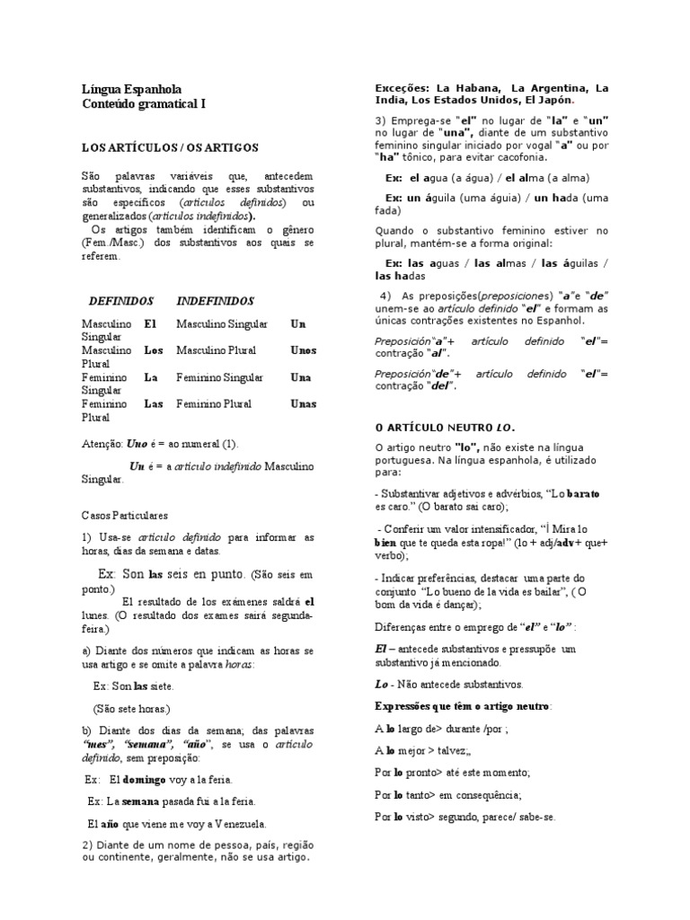 Gramática dos Artigos em Espanhol | PDF | Plural | Regras