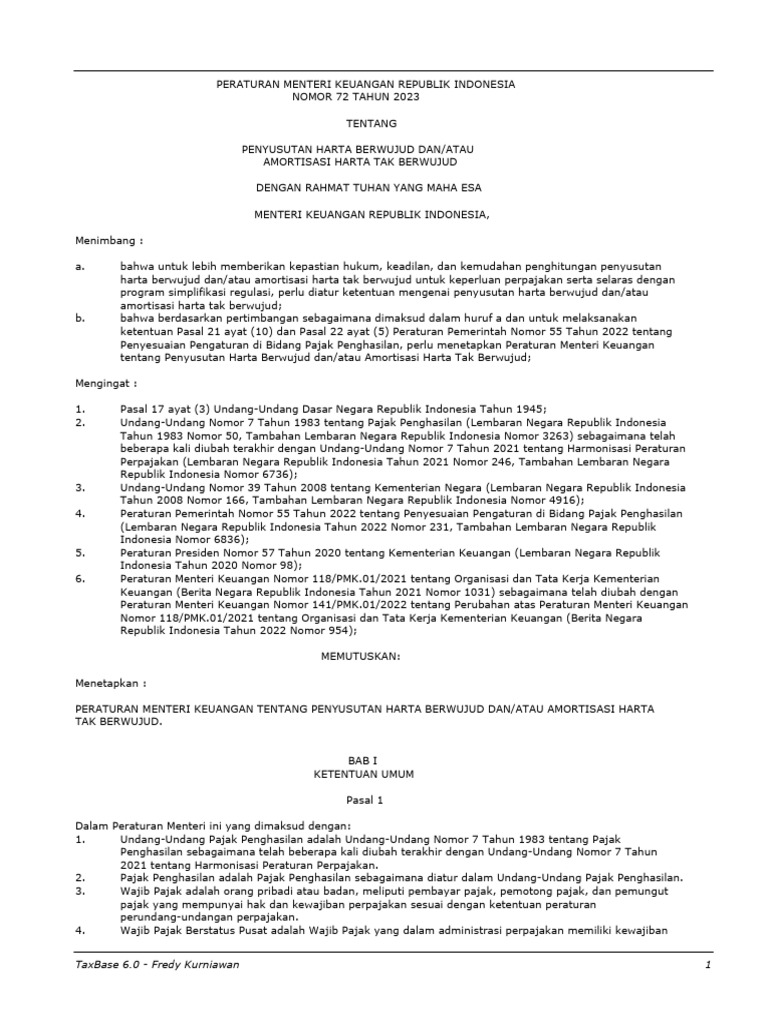 PMK 72 Tahun 2023 Penyusutan Harta Berwujud Dan Amortisasi Harta Tak ...