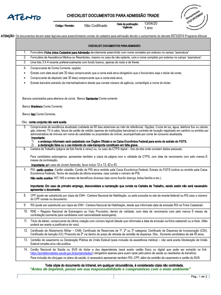 Checklist Documentos para Admissão Trade | PDF