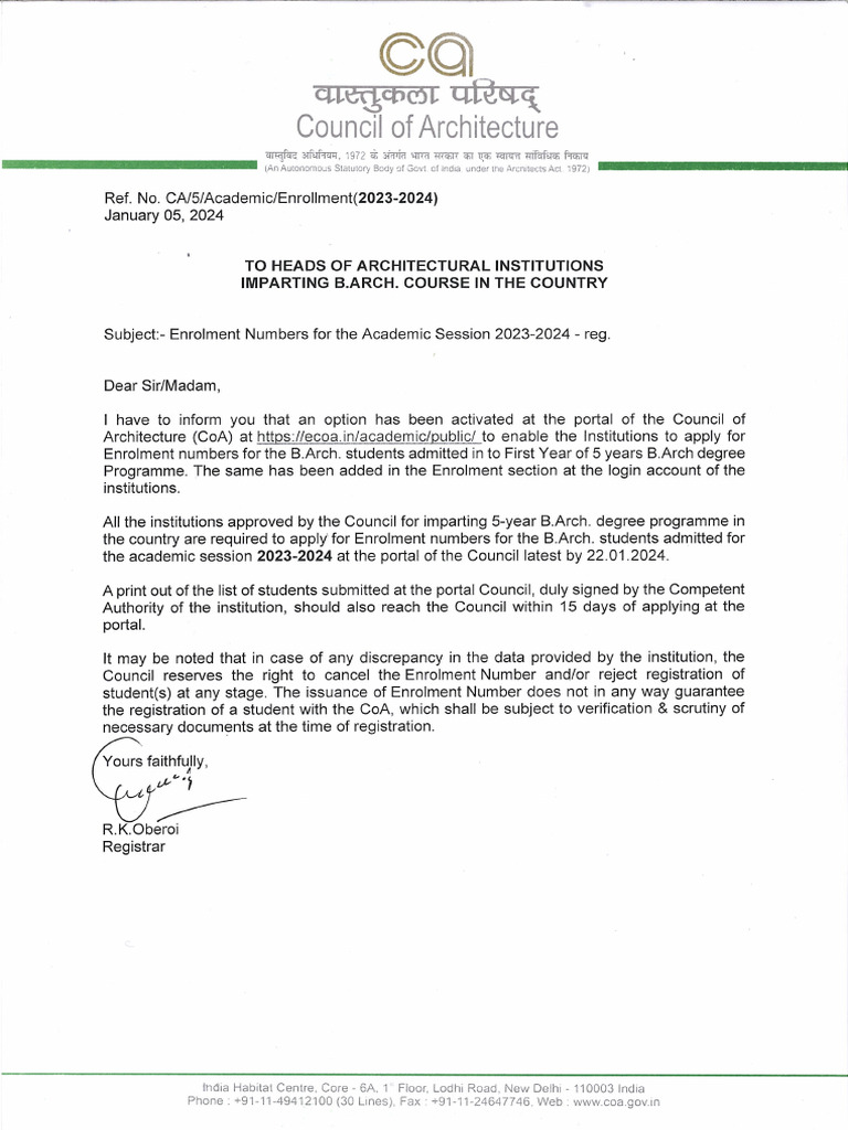 Letter For Enrolment 2023-24 | PDF