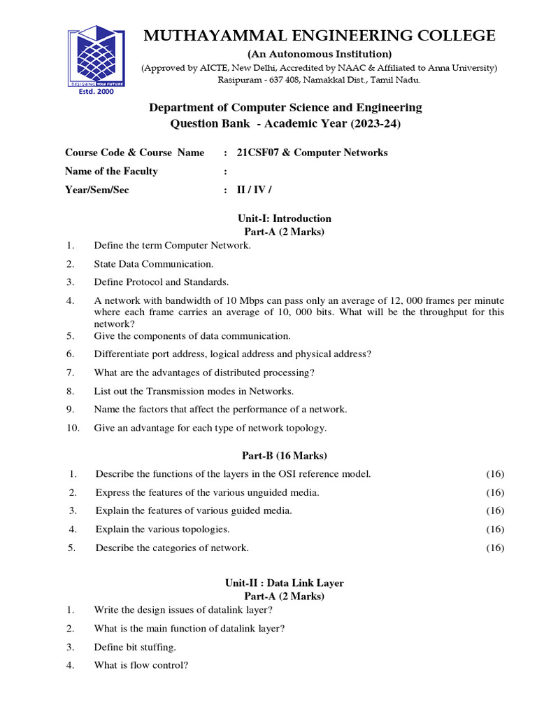 7 CN - Question Bank | Download Free PDF | Computer Network | Ethernet