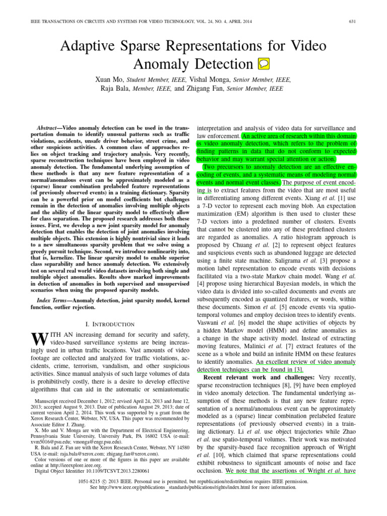 Adaptive Sparse Representations For Video Anomaly Detection | PDF | Matrix (Mathematics) | Outlier