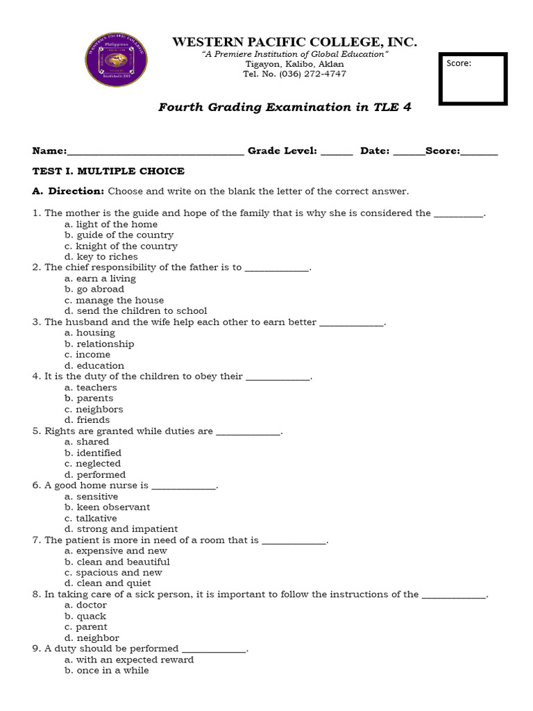 Tle 4 Exam | PDF | Career & Growth | Wellness