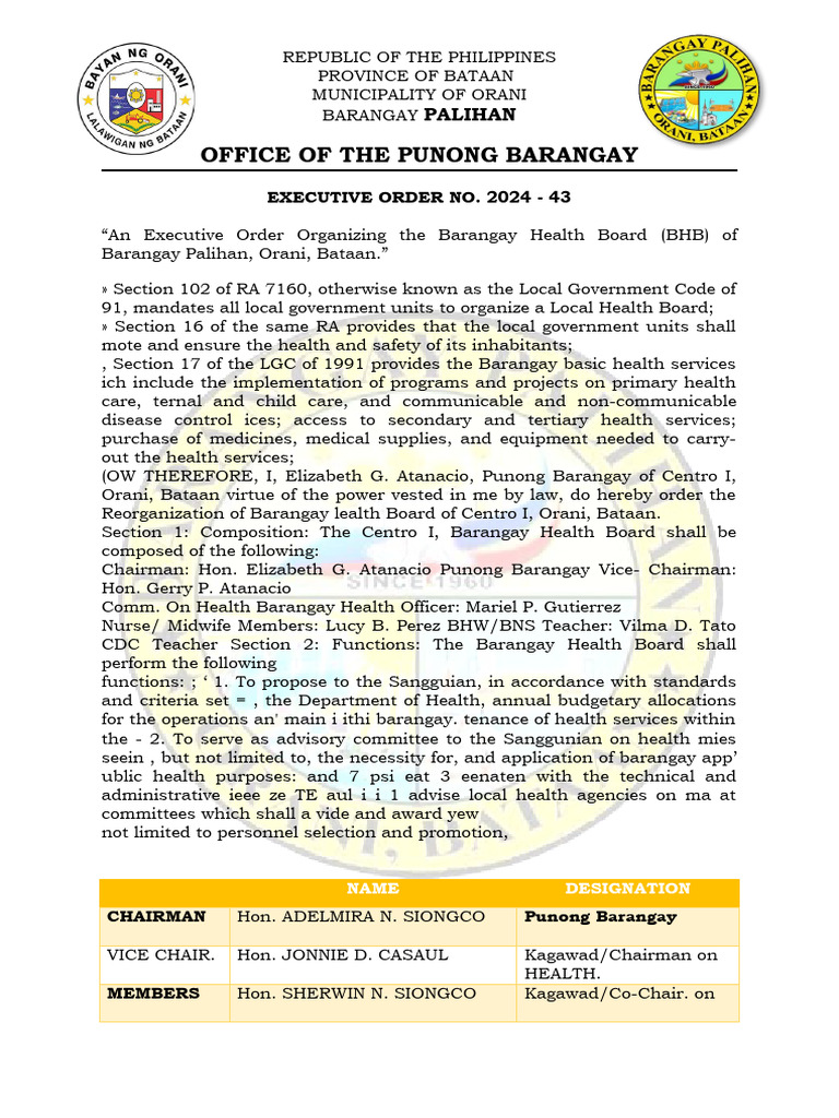 Barangay Health Board Reorganization EO | PDF | Committee | Health Care