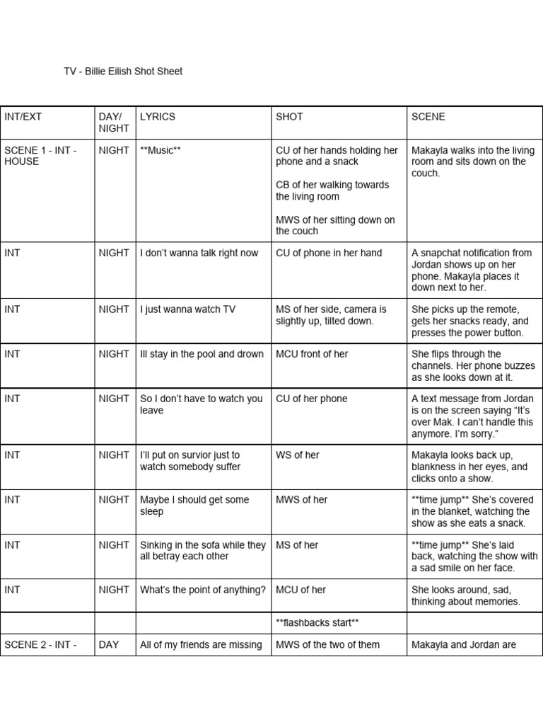 Storyline Music Video Shot Sheet | PDF