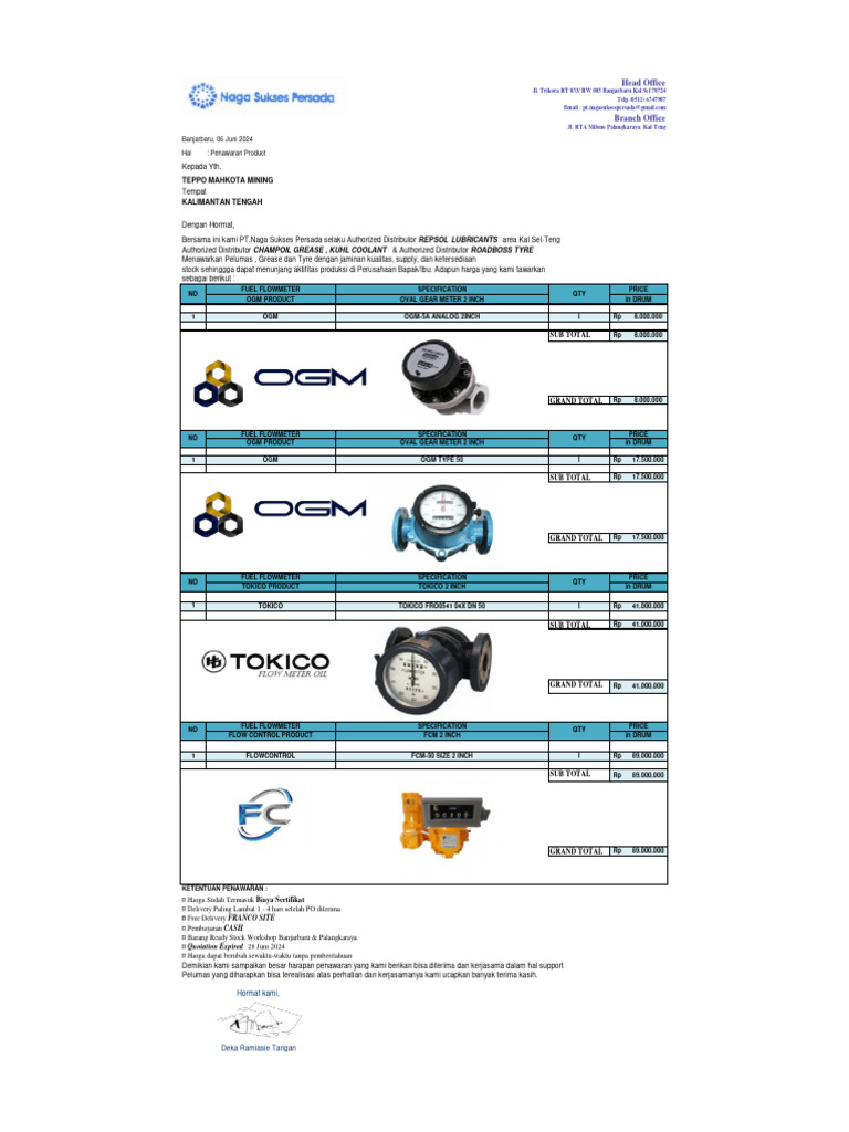 Penawaran Harga Fuel Flowmeter 2024 | PDF