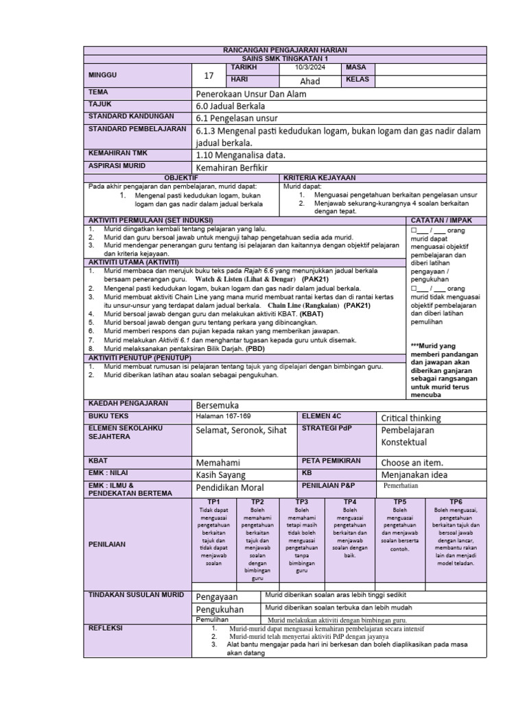 RPH SMK Minggu 17 Sains Tingkatan 1 2024-2025 by Cikgu Gorgeous | PDF | Karier & Perkembangan