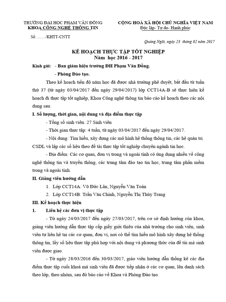 Kehoach Thuctap Totnghiep CD 2016 | PDF