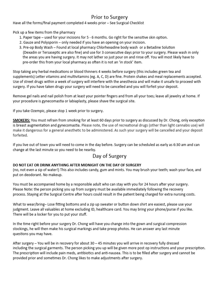 Pre Surgery Instructions | PDF | Surgery | Anesthesia