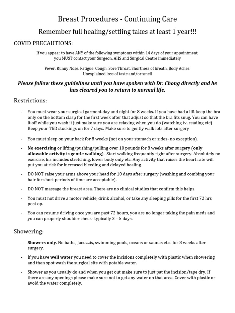 Breast Post OP Instructions PDF Surgery Pain