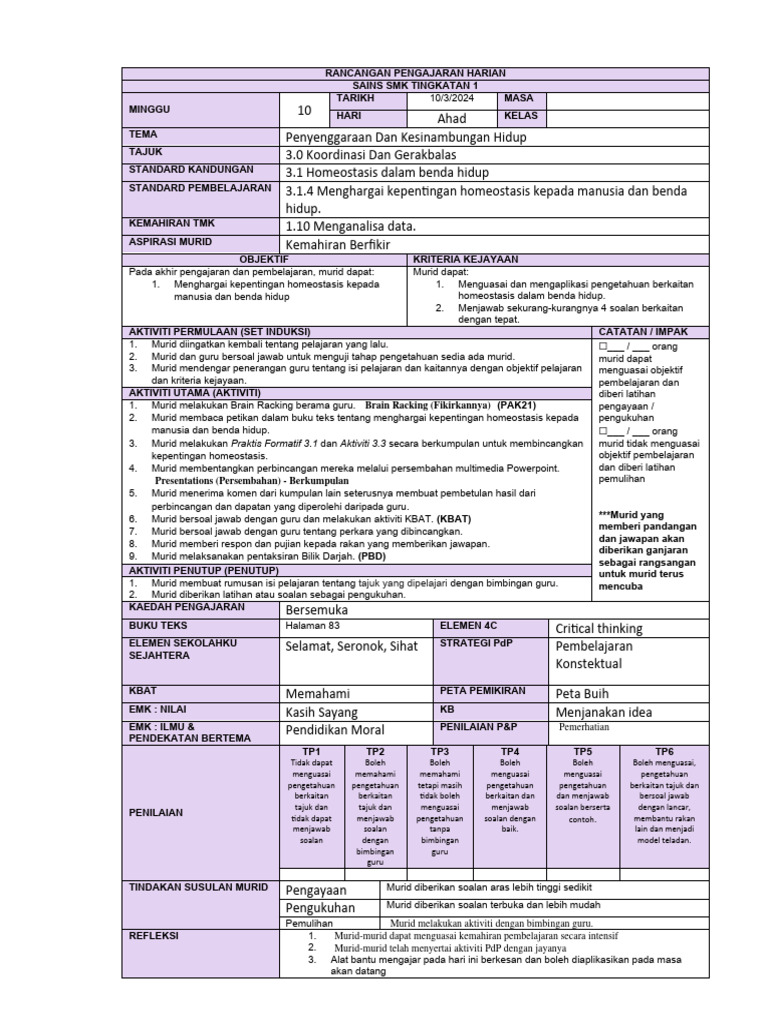 RPH SMK MINGGU 10 SAINS TINGKATAN 1 2024-2025 BY CIKGU GORGEOUS | PDF