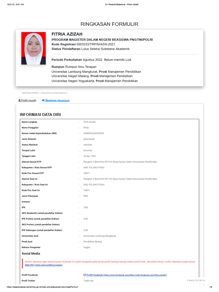 CV Peserta Beasiswa - Fitria Azizah | PDF