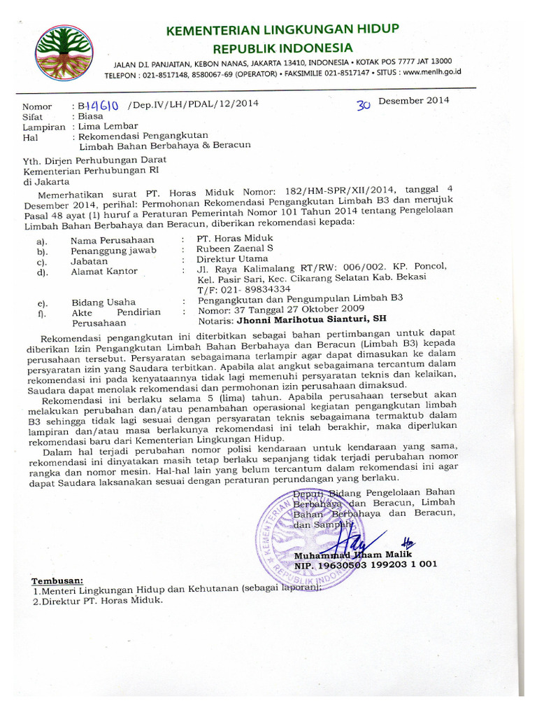 Rekomendasi Pengangkutan LB3 PT. Horas Miduk | PDF