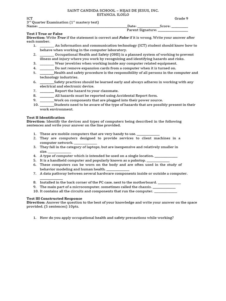 Grade 9 ICT 3rd Quarter Exam Guide | PDF | Hazards | Personal Computers
