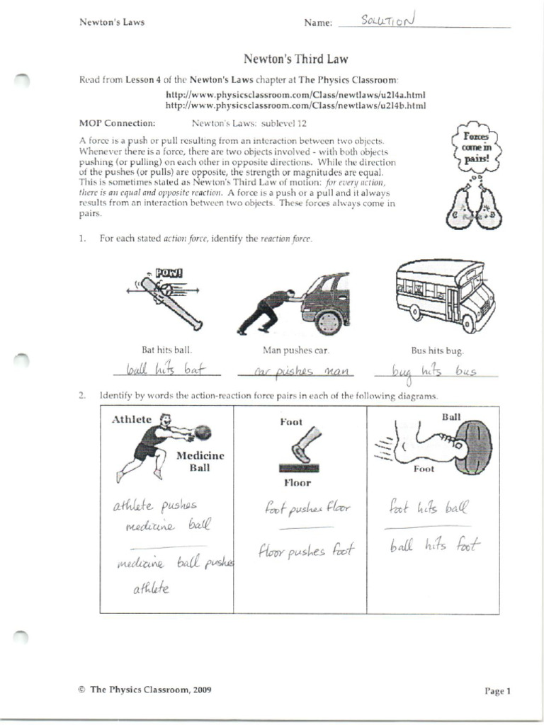 Newton's 3rd Law WKSHT Answers | PDF