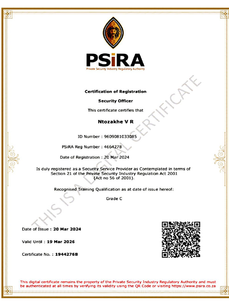 Psira Certificate | PDF