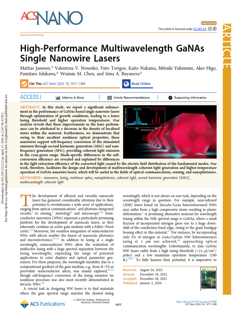 jansson-et-al-2024-high-performance-multiwavelength-ganas-single-nanowire-lasers | PDF | Laser ...