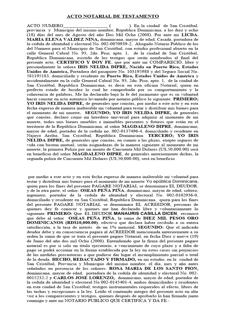 Testamento y Pagaré Notarial RD 2008 | PDF | República Dominicana