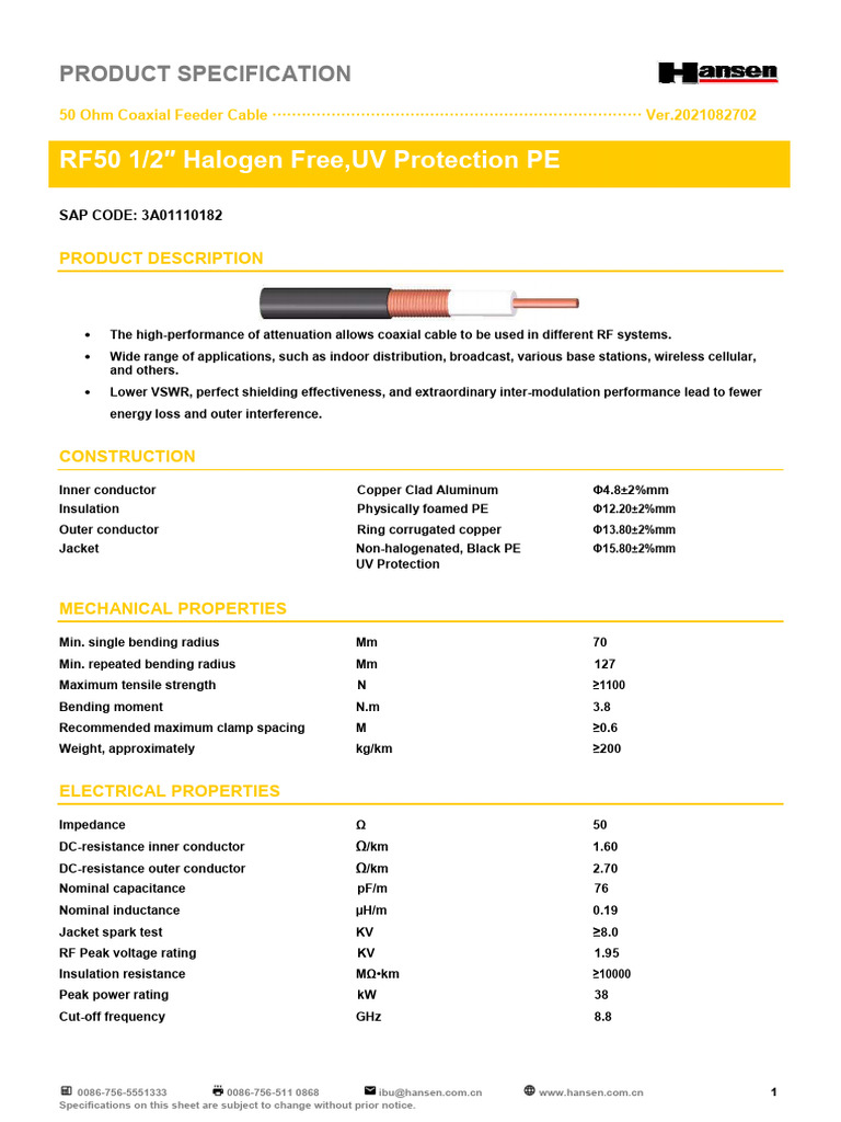 50 Ohm Coaxial Cable Specs | PDF | Coaxial Cable | Physical Quantities