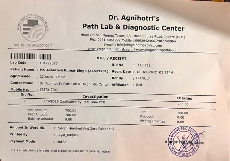 Covid RT-PCR Test Receipt | PDF