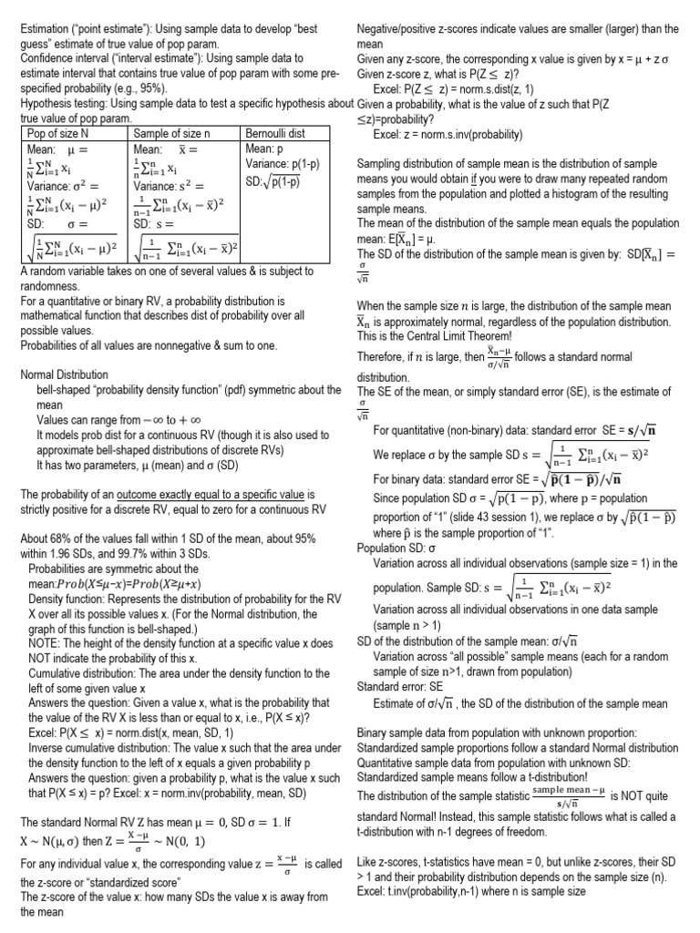 Stats Cheat Sheet (Size 11) | PDF | Linear Regression | Regression Analysis