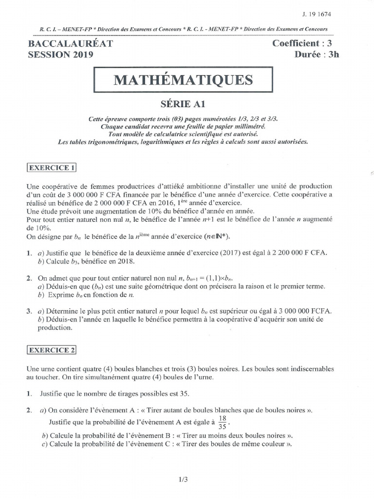 Bac 2019 Maths Serie A1 | PDF