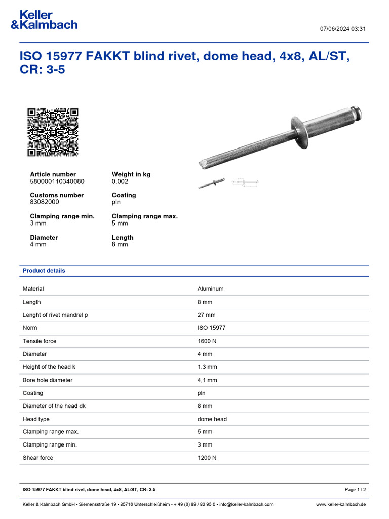 ISO 15977 FAKKT Blind Rivet, Dome Head, 4x8, AL/ST, CR: 3-5: Article ...