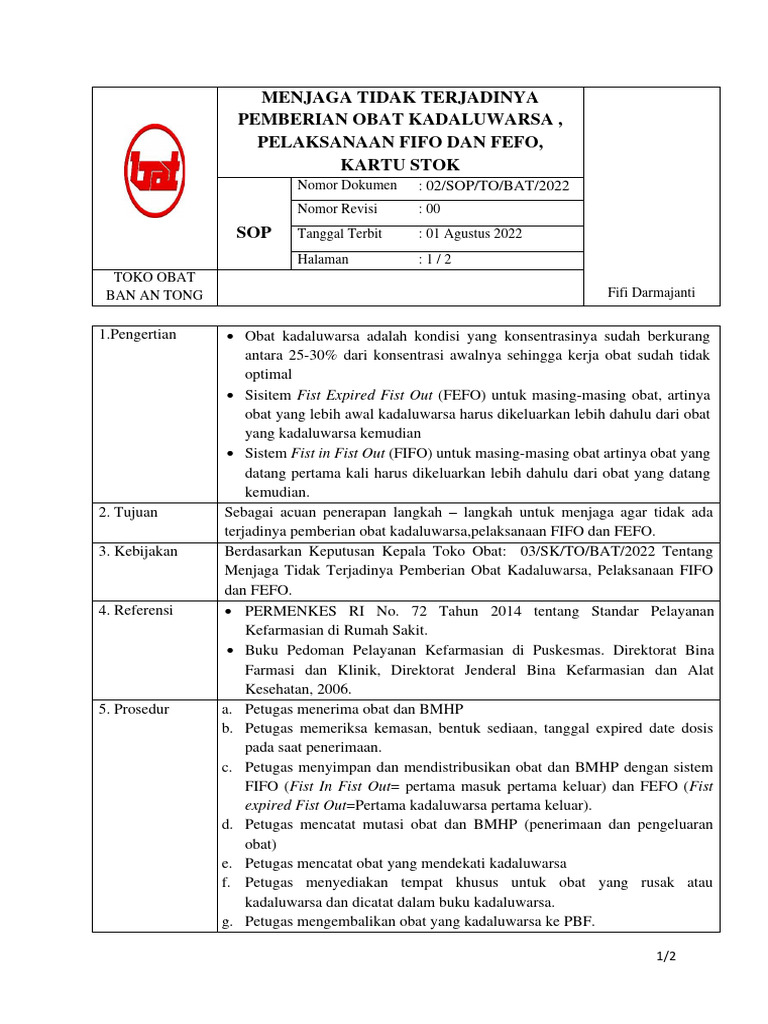 Sop Menjaga Tidak Terjadinya Pemberian Obat Kadaluwarsa J Pelaksanaan ...