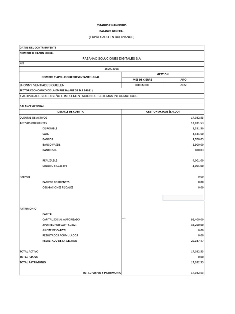 ESTADOS FINANCIEROS 2022 PASANAQ | Descargar gratis PDF | Hoja de balance | Contabilidad