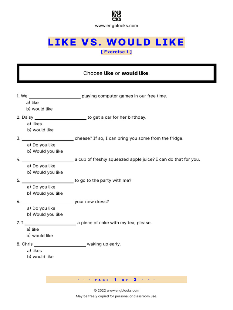 Exercises: Like vs. Would Like | PDF | Part Of Speech | Languages