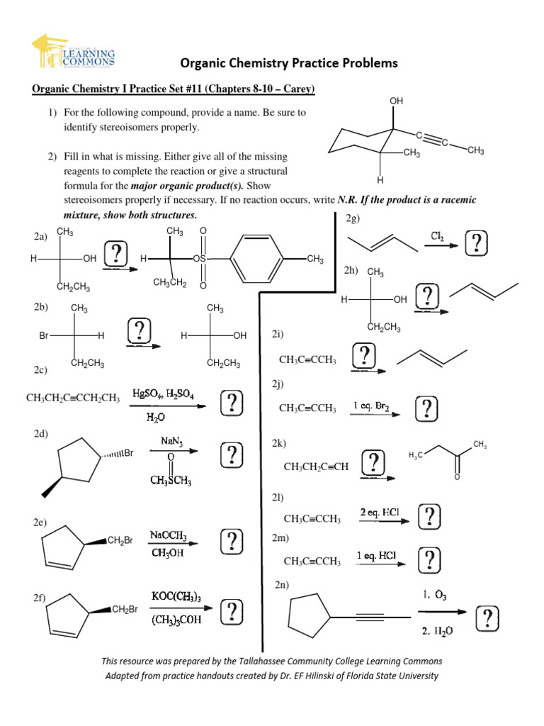 Organic Practice Set 11 Chapters 8 10 | PDF | Chemical Reactions ...