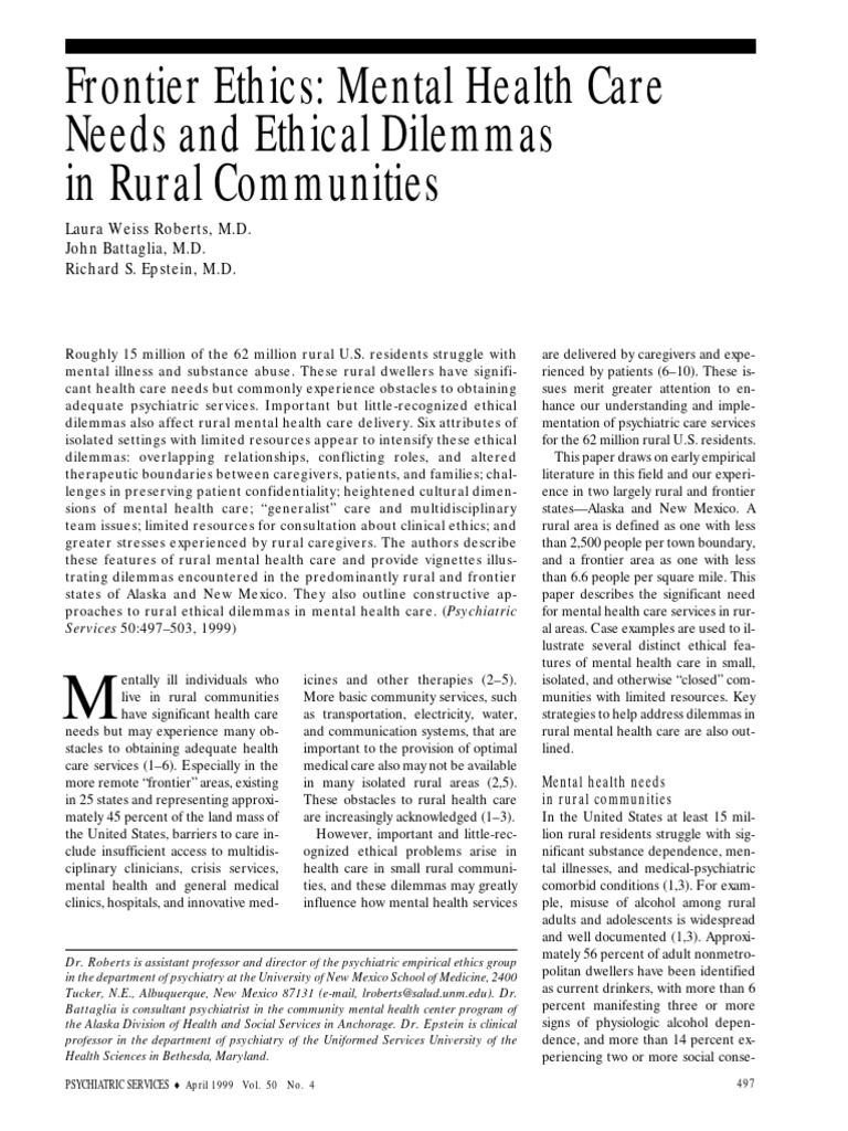 Roberts Et Al 1999 Frontier Ethics Mental Health Care Needs and Ethical Dilemmas in Rural ...