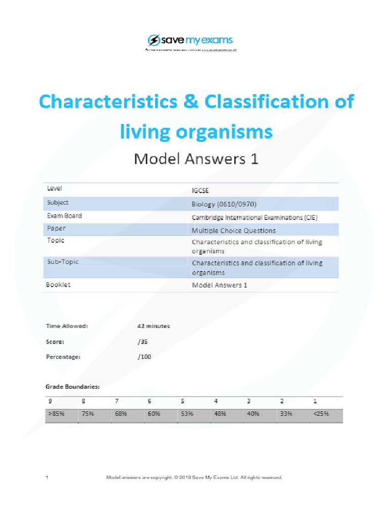 1 Characteristics and Classification of Living Organisms MS 1 | PDF
