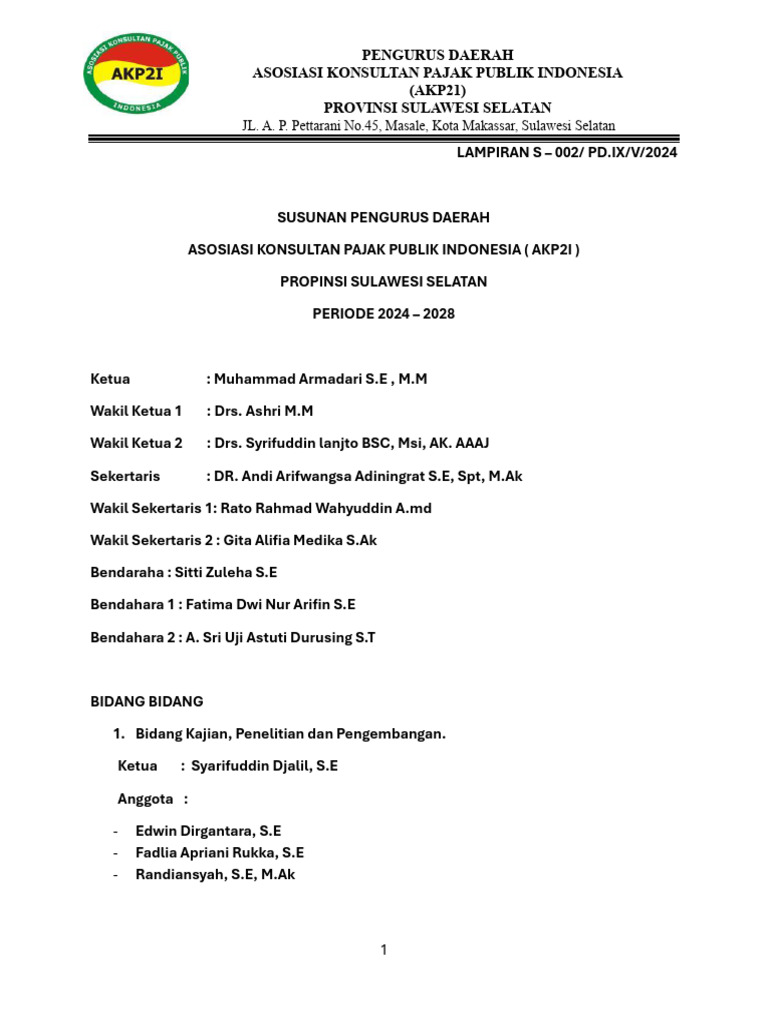 Lampiran Susunan Pengurus Akp2i Periode 2024-2028 | PDF