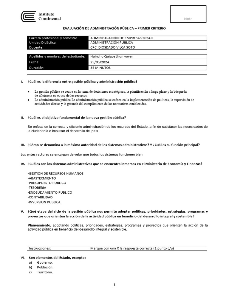 EVALUACIÓN ESCRITA C1 - ADM. PUB. Jhon Yover | PDF | Administración ...