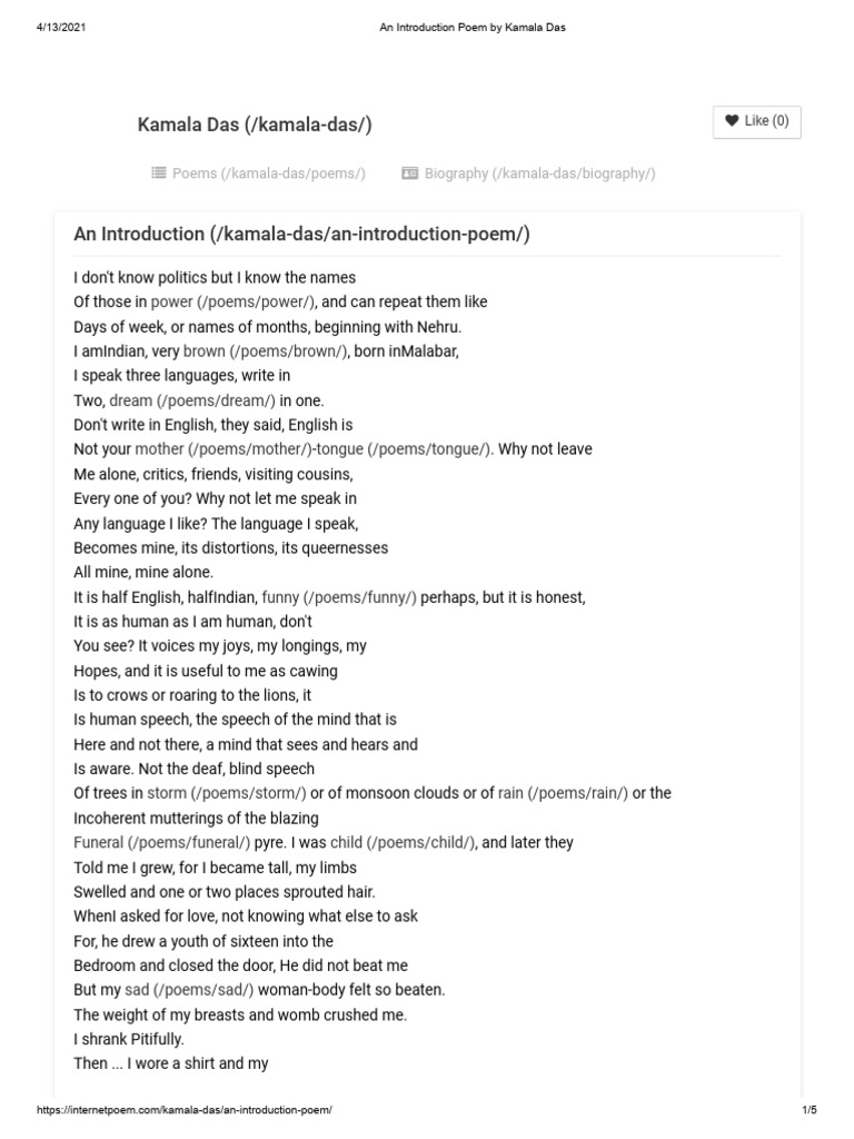 An Introduction Poem by Kamala Das | PDF | Language Arts & Discipline | Art