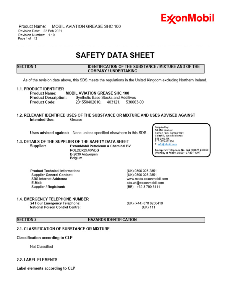 Mobil Aviation Grease SHC 100 SDS | PDF | Toxicity | Personal ...
