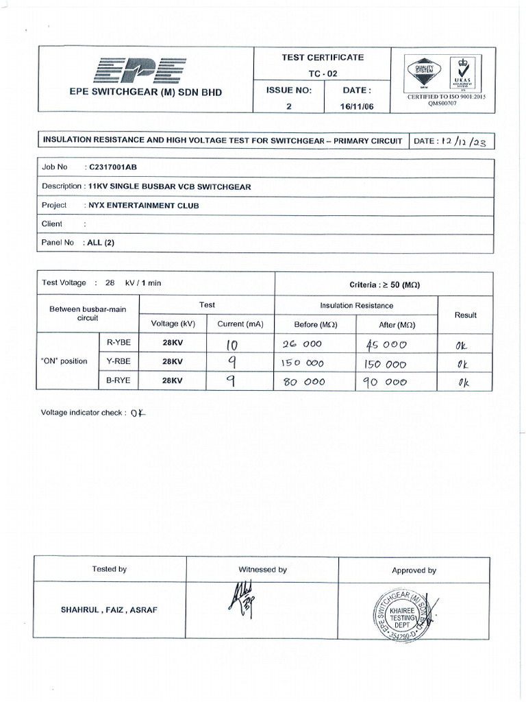 FAT Report-11kV Single Busbar VCB Switchgear | PDF