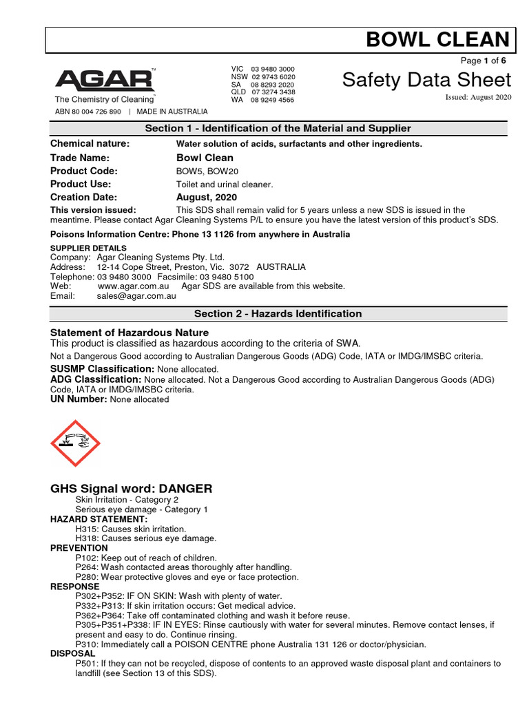 Bowl Clean SDS GHS | PDF | Dangerous Goods | Safety