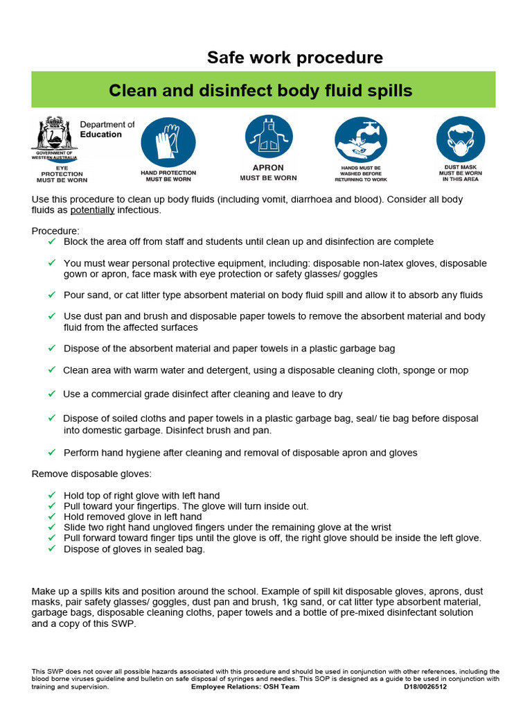 Clean and Disinfect Body Fluid Spills - Safe Work Procedure | PDF | Glove