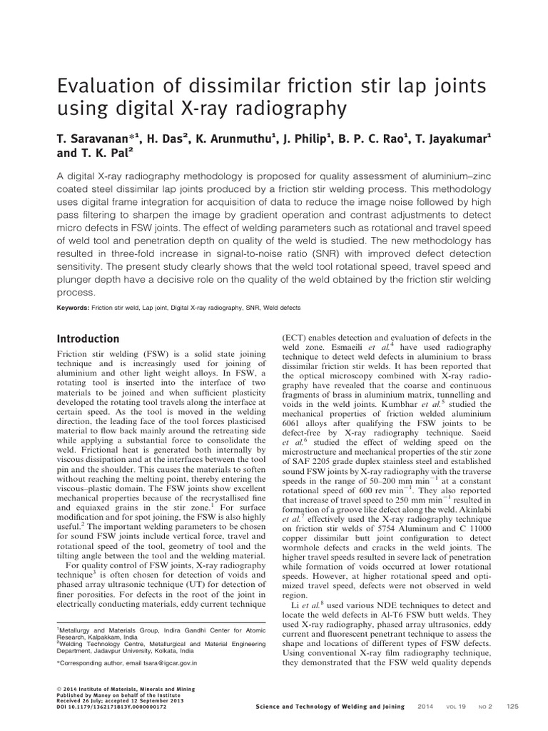Evaluation of Dissimilar FS Lap Joints Using Digital X-Ray Radiography | PDF | Welding ...