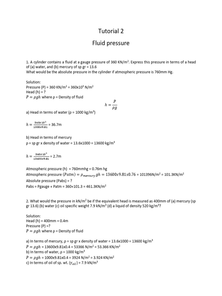 2 Fluid Pressure Tutorial Solution | PDF | Pressure | Pressure Measurement