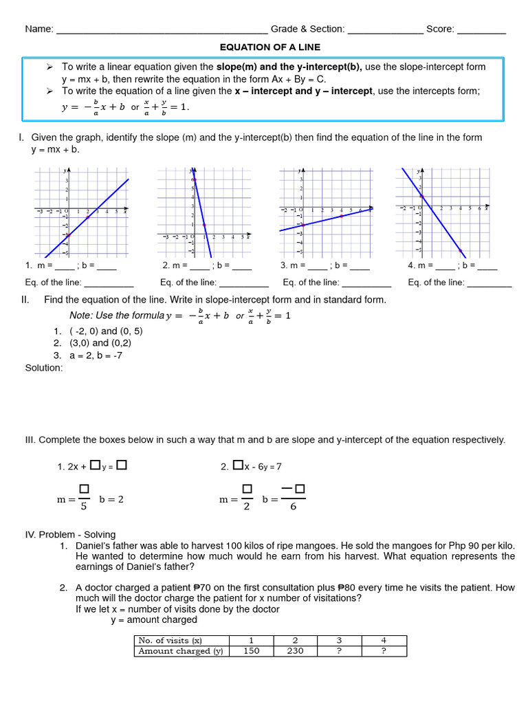 Equation of A Line Given Slope and y Intercept and Intercepts | PDF ...