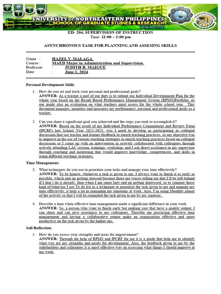 HAZEL V. MALAGA-Asynchronous Task For Planning and Assessing | PDF | Teachers | Mentorship