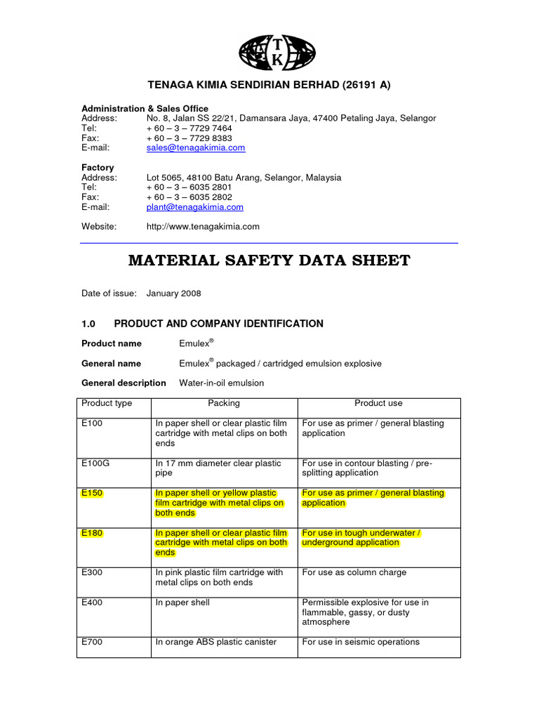 Emulex Packaged Emulsion - MSDS | PDF | Nitrogen | Combustion