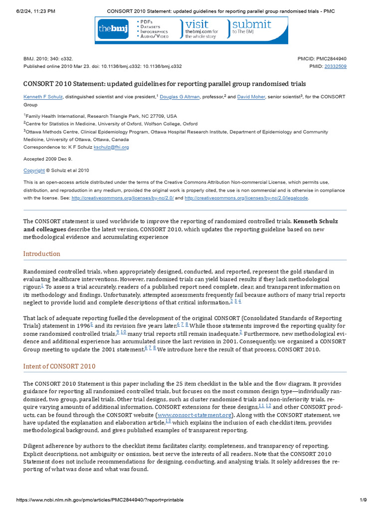 CONSORT 2010 Statement - Updated Guidelines For Reporting Parallel ...