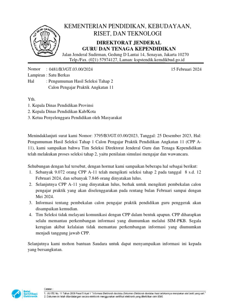 0481 - Pengumuman Hasil Seleksi Tahap 2 CPP11 Prov. Kalimantan Selatan 2 | PDF