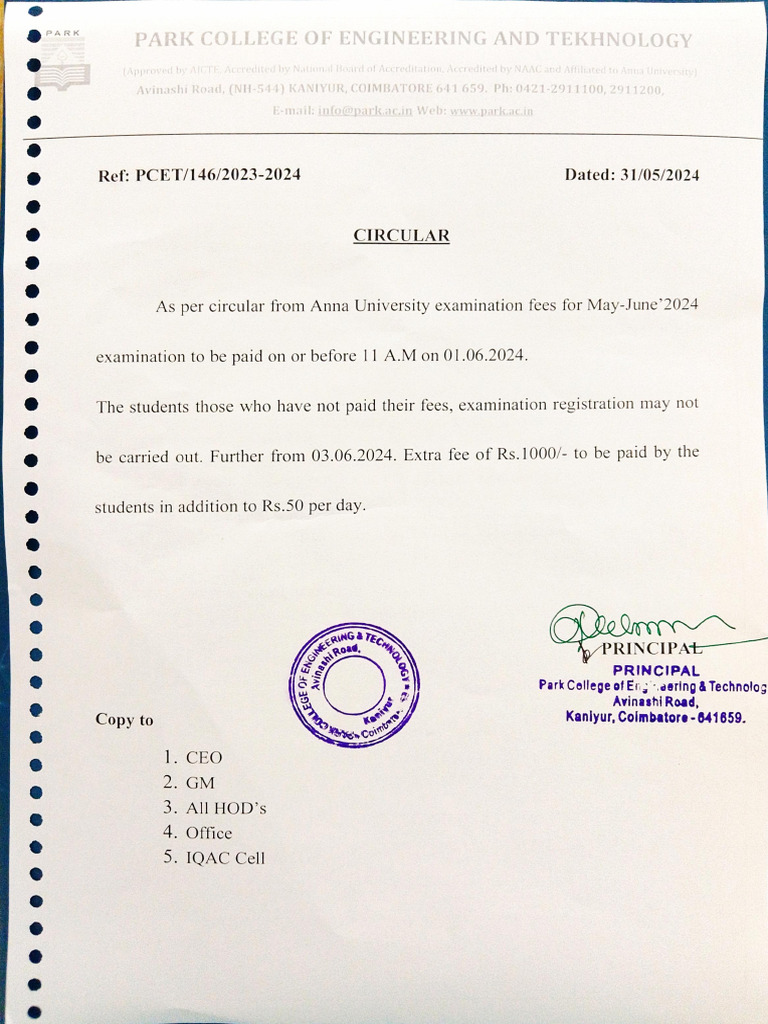 Park College Exam Fee Circular 2024 | PDF