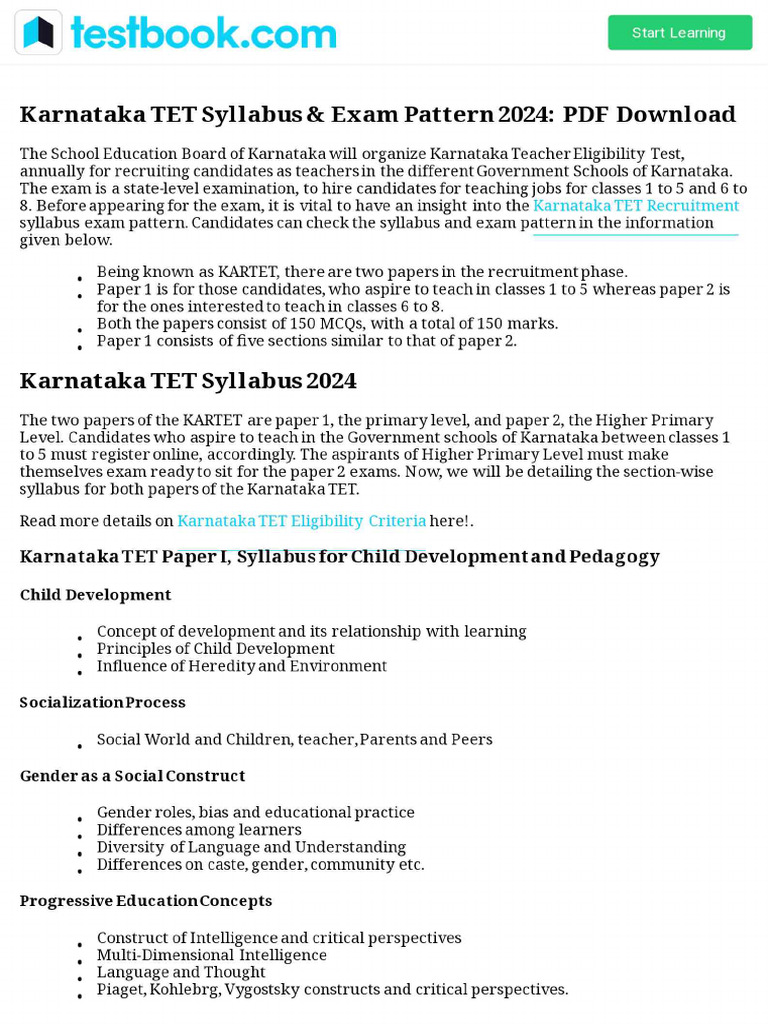 Karnataka TET Syllabus & Exam Pattern 2024 - PDF Download | PDF