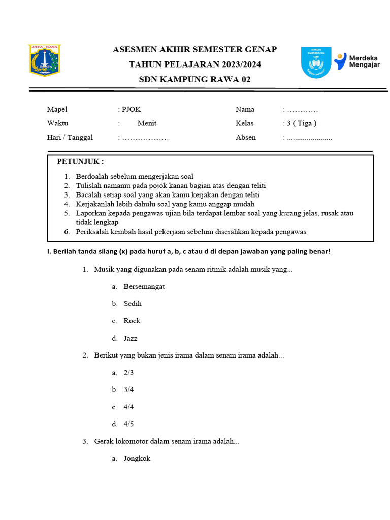 SOAL PAT PJOK KLS 3 (Smtr.2) JUNI 2024 (OK PRINT) | PDF